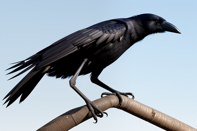 A Majestic Black Raven Perched Gracefully on a Rustic Branch Against a ...
