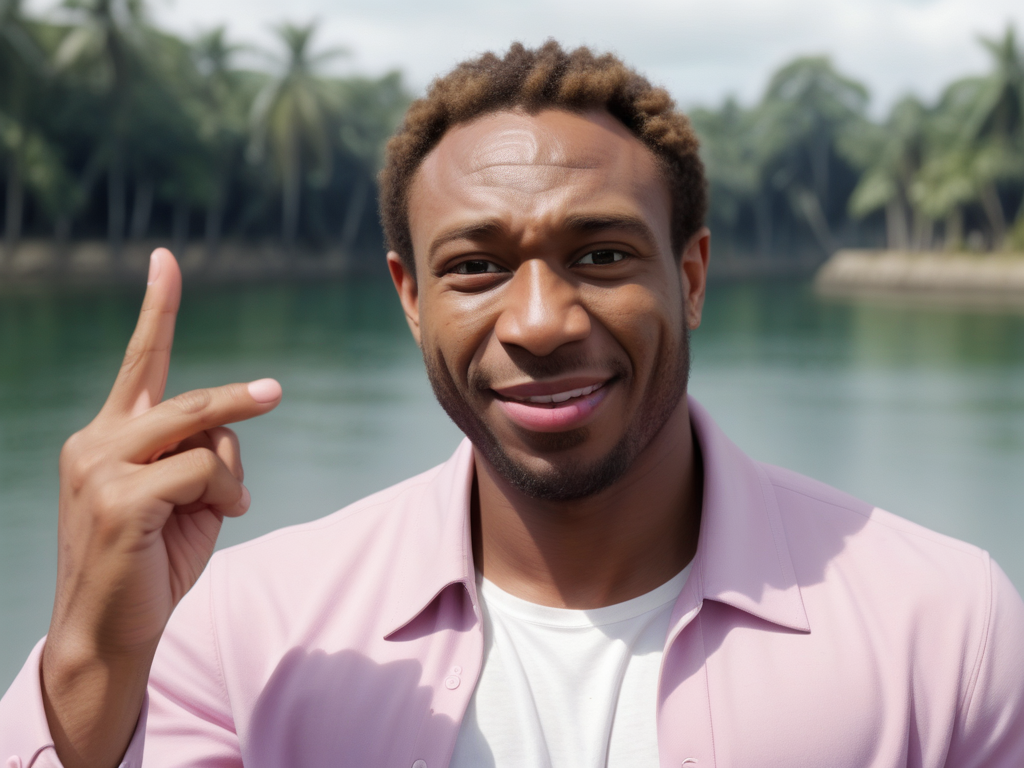 Cheerful Young Man Making Peace Sign Against Beautiful Tropical Background