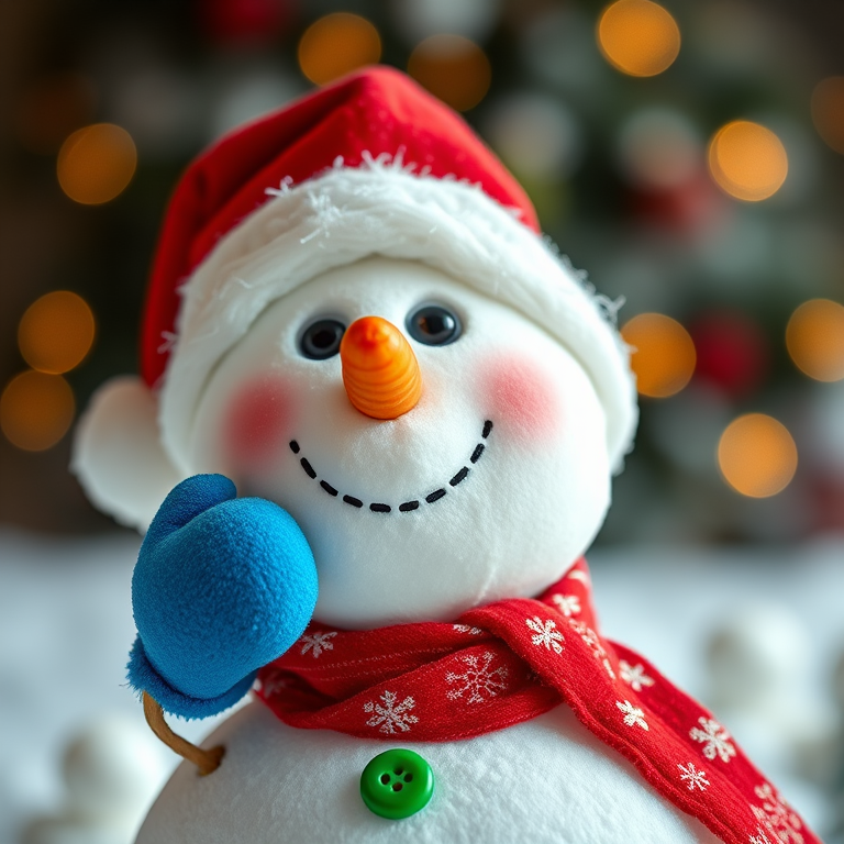 A Cheerful Snowman in a Santa Hat with a Bright Orange Nose.