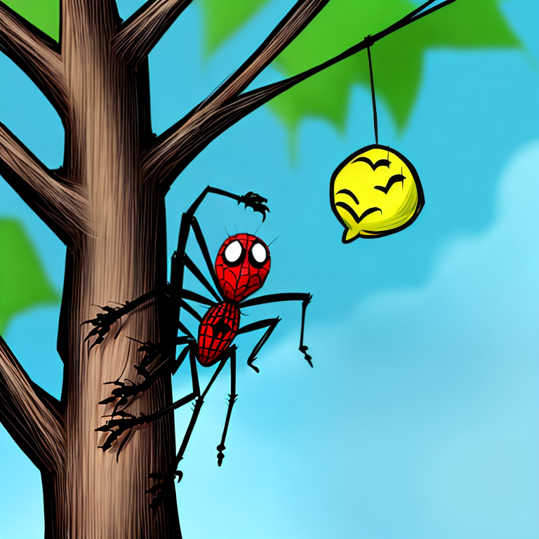 spider crawling up a tree, cartoon style