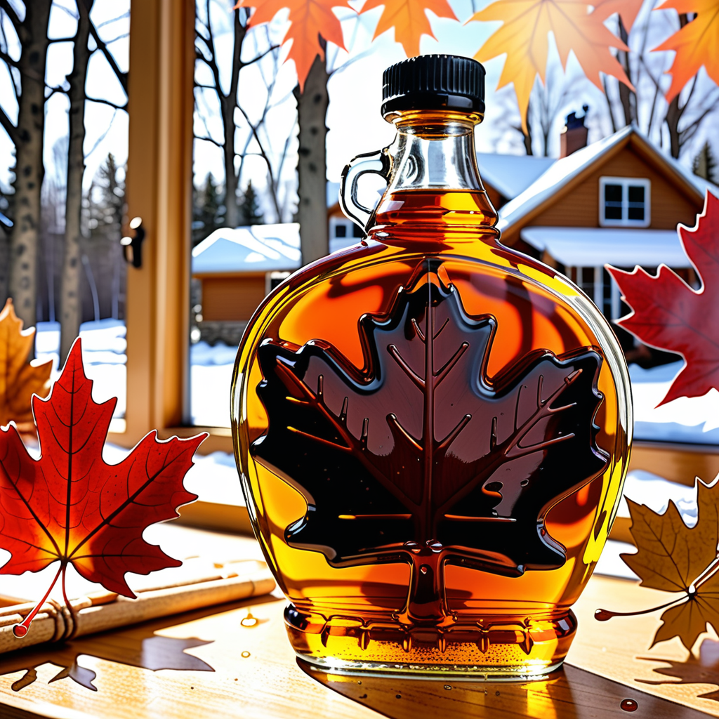 Captivating Autumn Scene Featuring Maple Syrup Bottle and Colorful Leaves