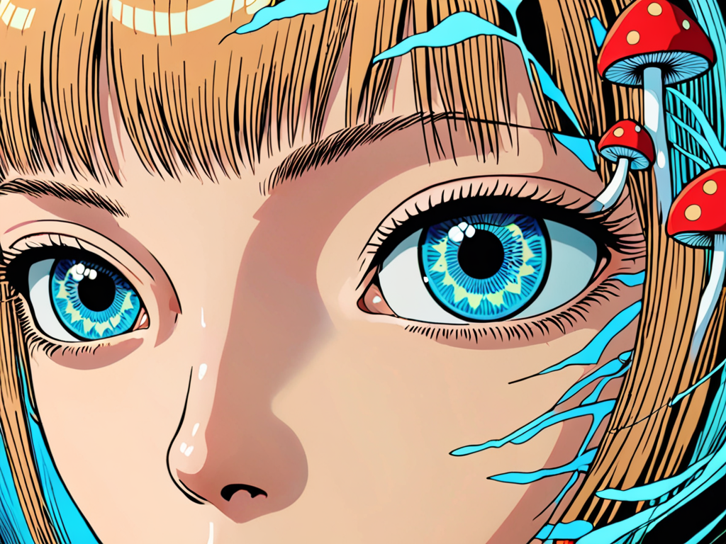 psychedelic ghibli, trippy girl, anime, manga, murshrooms, lain, cute ...