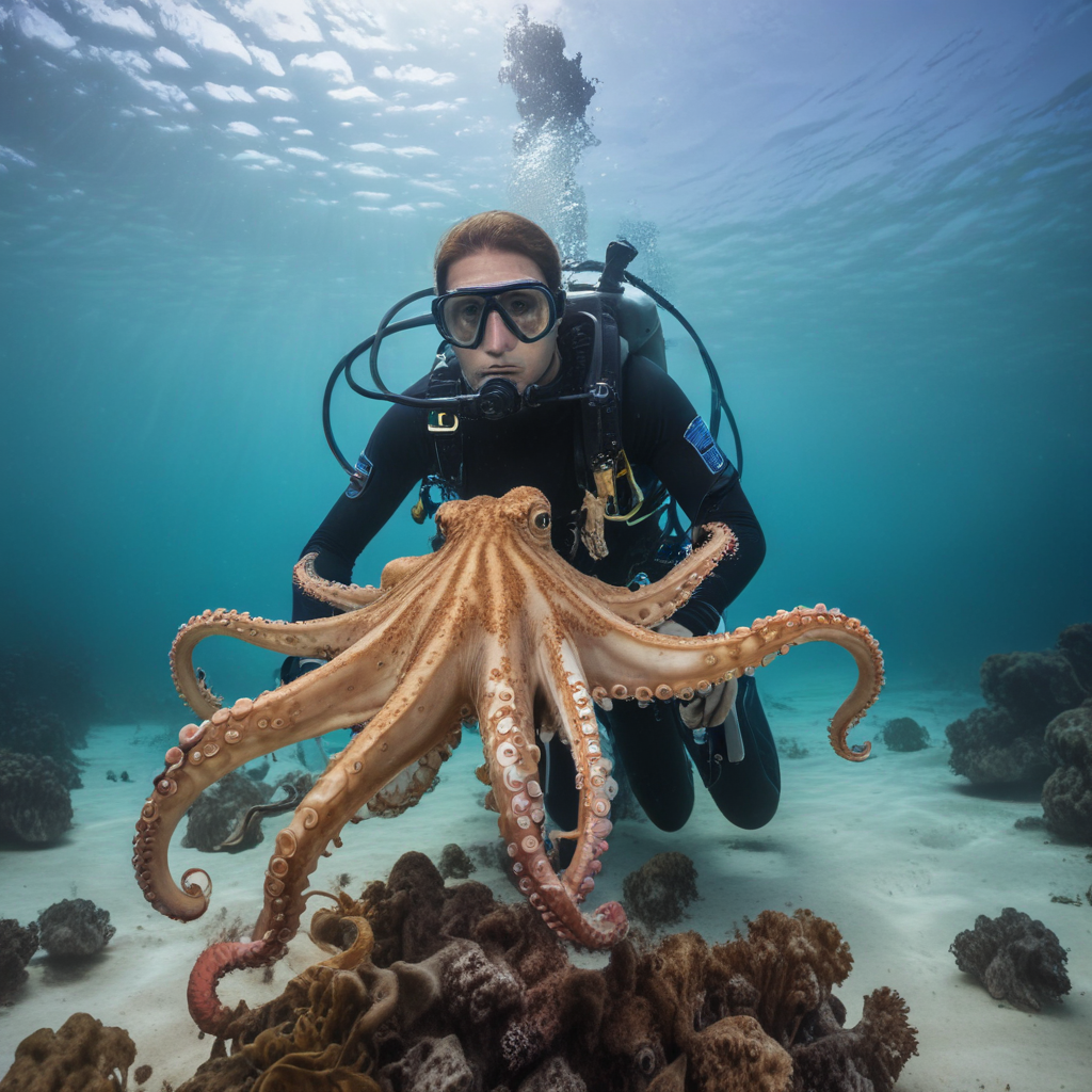 scuba diver swimming in the ocean with octopus and marine life