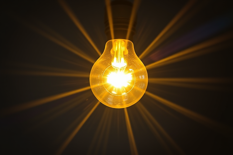 Generate a bright yellow light bulb with radiant beams glowing outward ...