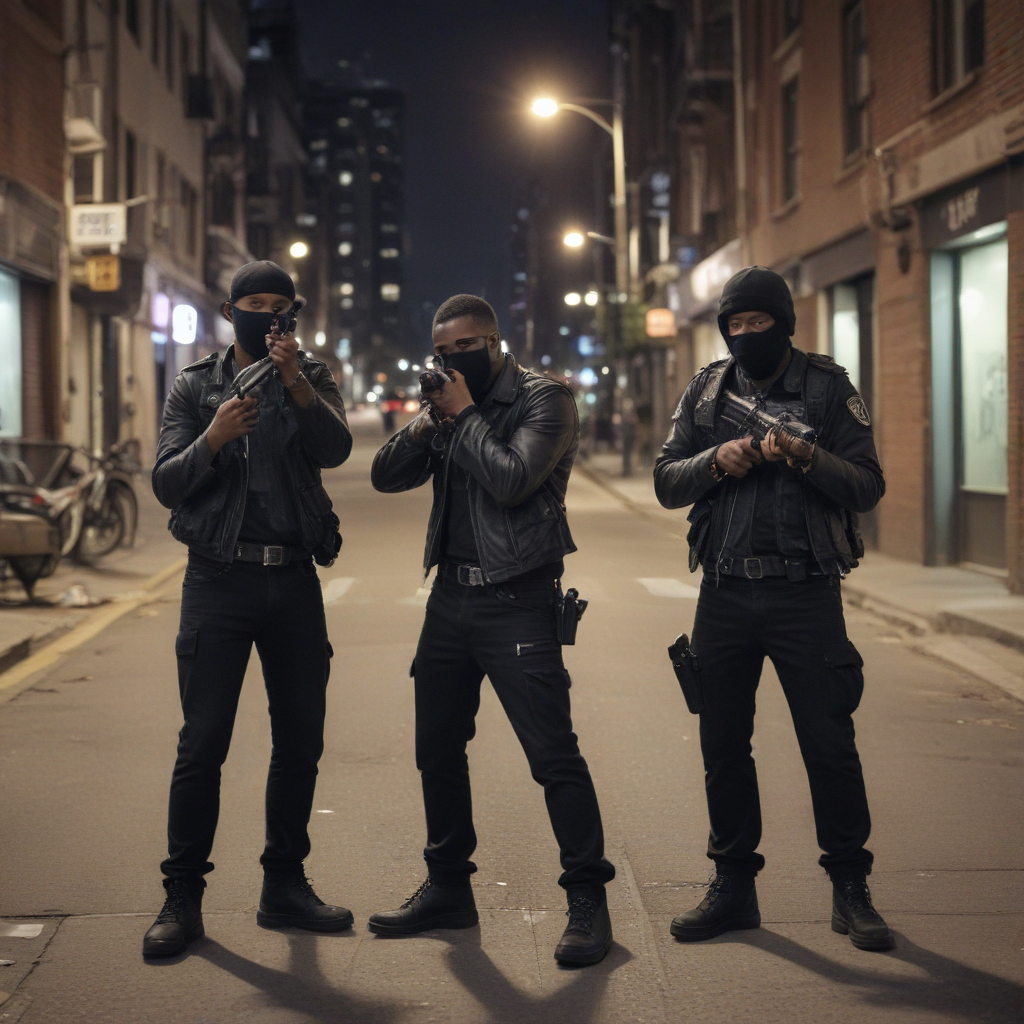 3 gangs are fighting by guns on street in city by guns at night towers