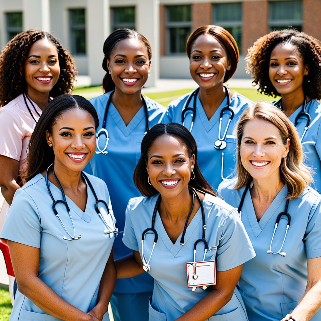 a group of nurses outside smiling on a sunny day