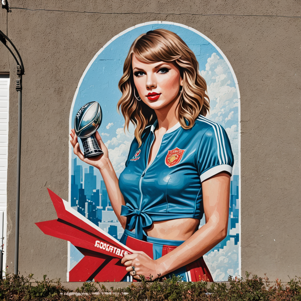 CCCP propaganda style building mural of Taylor Swift attending super bowl