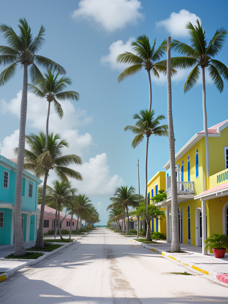 Colorful Tropical Street Lined with Palm Trees Under a Bright Blue Sky