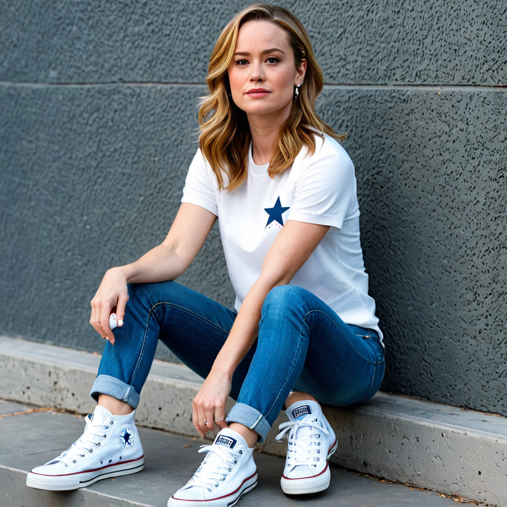Mcu Brie Larson Carol Danvers Sitting in White Shirt, Blue Jeans, White ...