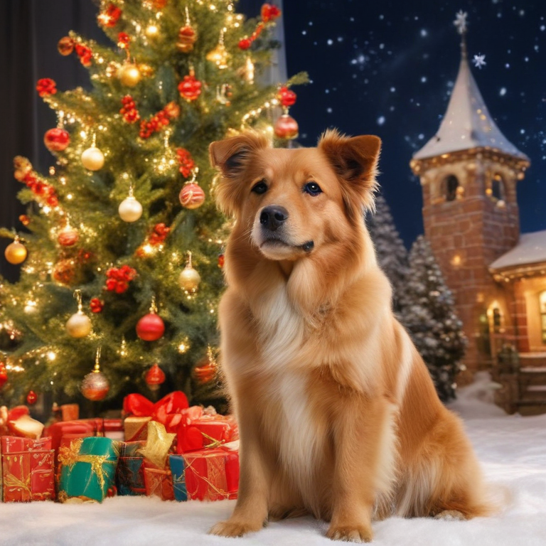 Festive Dog Sitting Beautifully in Front of Christmas Tree and Gifts