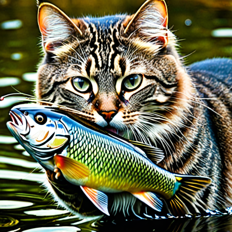a cat eting a big fish