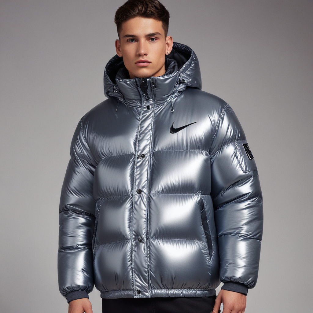 male supermodel nike shiny super puffer jacket bling jewellery hood