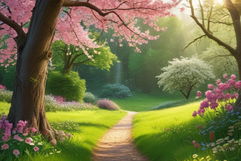 A Serene Path Through a Blossoming Forest Filled with Vibrant Flowers