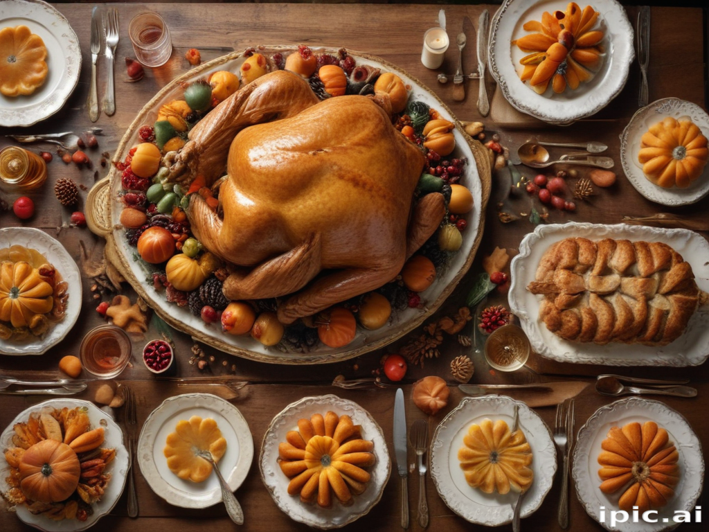 An Abundant Thanksgiving Feast Featuring a Roast Turkey and Festive ...