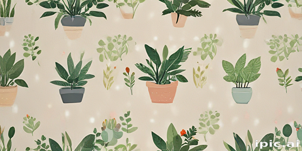 Colorful Botanical Pattern Featuring Various Potted Plants and Greenery ...