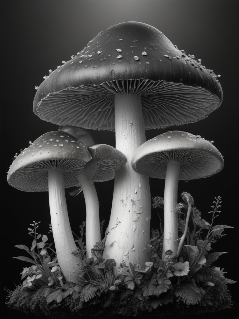 Elegant Black and White Study of Majestic Mushrooms in Nature's Design