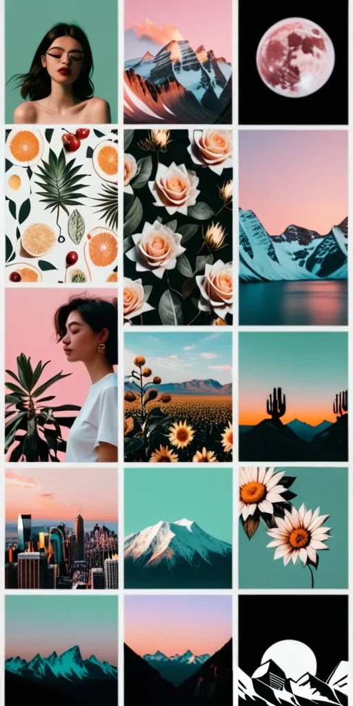 Vibrant Collage of Nature, Portraits, and Floral Patterns in Pastel Tones