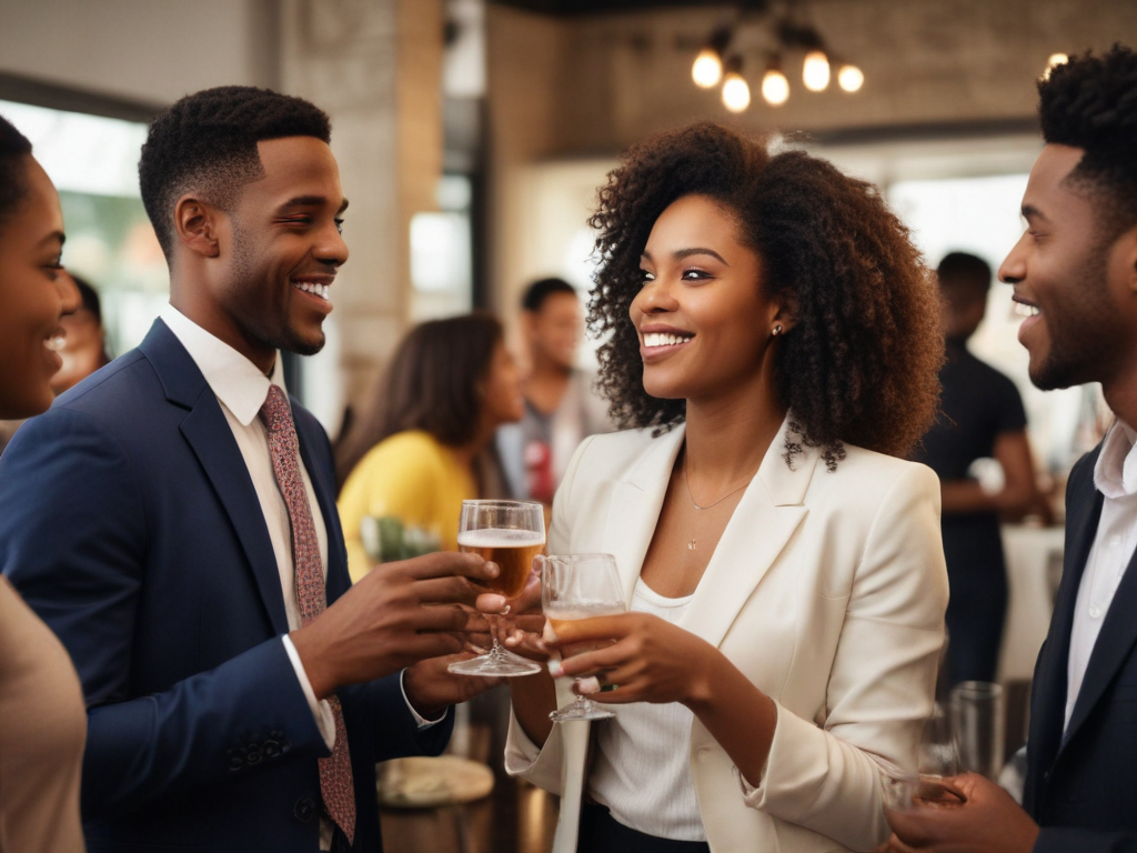 urban successful confident Black professionals networking and having a ...