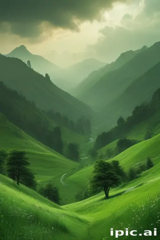 Serene Green Valley Surrounded by Majestic Mountains Under a Cloudy Sky