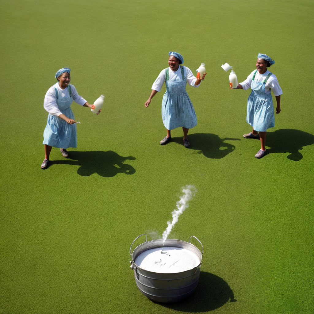 2 burlescue milkmaids throw milk on each other