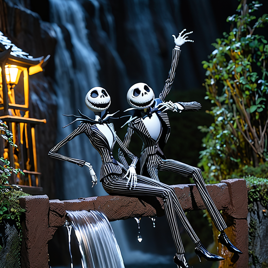 jack skellington and sally sailing over a waterfall at night and laughing
