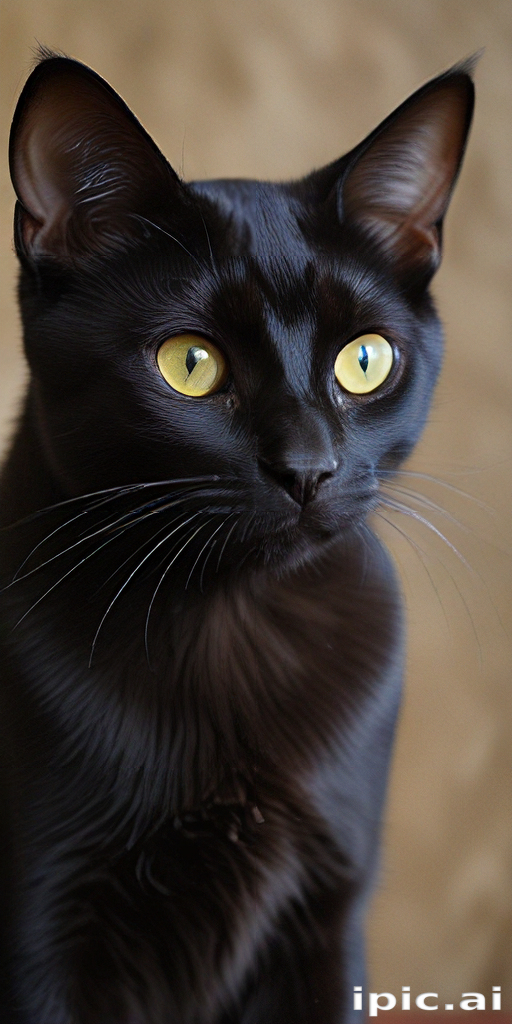 A Majestic Black Cat with Striking Yellow Eyes Gazes Thoughtfully Ahead.