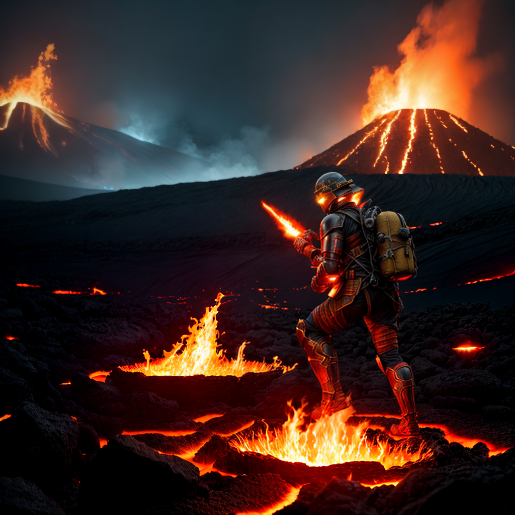 Epic fire warrior descending to darkness and surrounded by flames lava ...