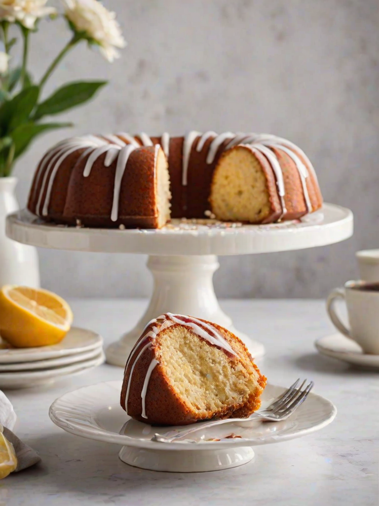 Delicious Lemon Bundt Cake with Icing on a Decorative Stand.