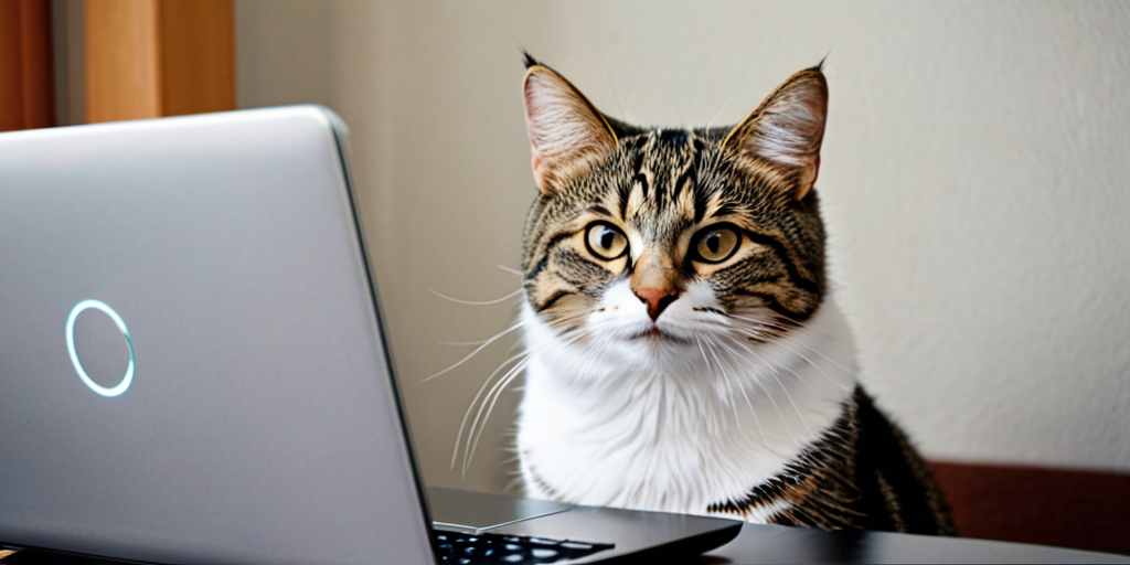 chat qui est dans une chambre avec un ordinateur ou il tape sur le ...