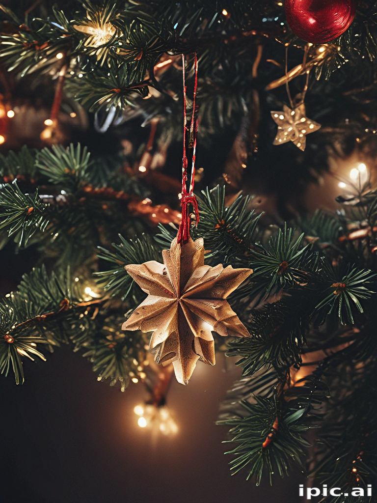 Beautiful Handmade Star Ornament Hanging from a Festive Christmas Tree