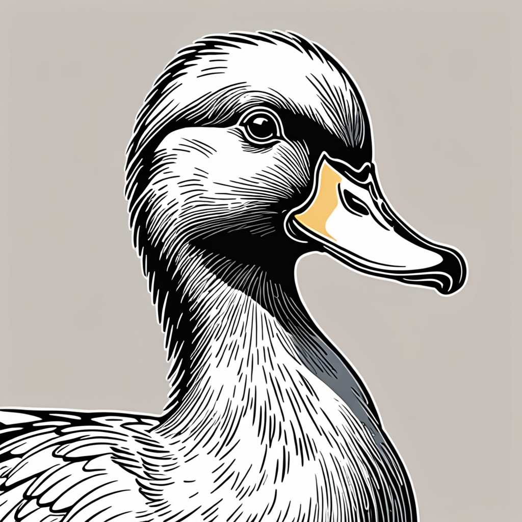 simple line drawing of cartoon Pixar style happy Muscovy duck low ...