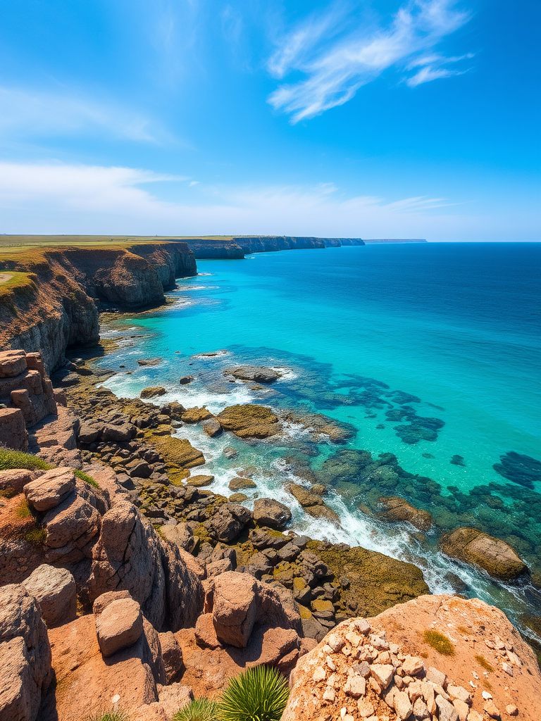 Stunning Coastal Landscape with Vibrant Blue Waters and Rocky Shoreline