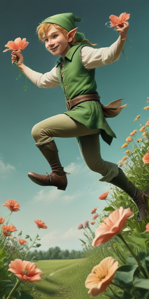 green elf jumping in a field of flowers drawing style