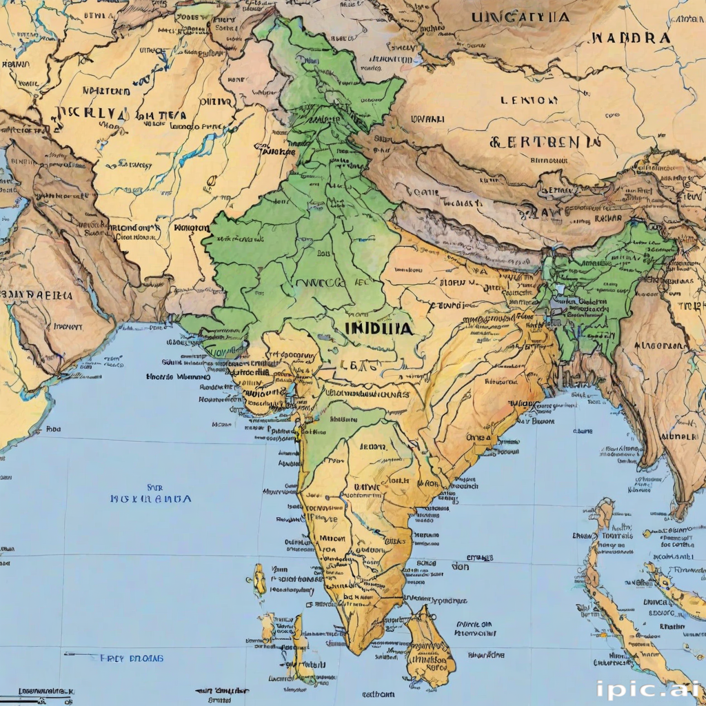 Detailed Map of India Highlighting Geographic Features and Neighboring ...