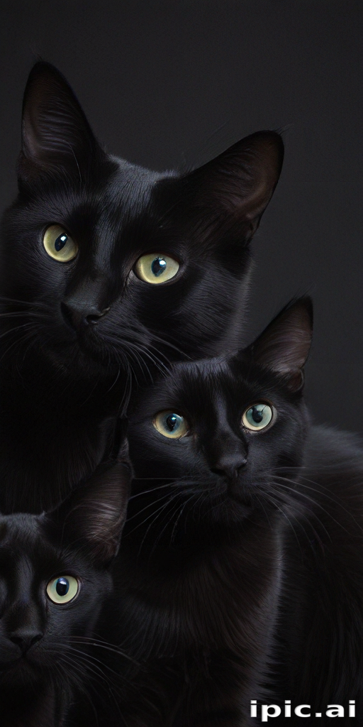 Three Mysterious Black Cats with Striking Eyes Against a Dark Background
