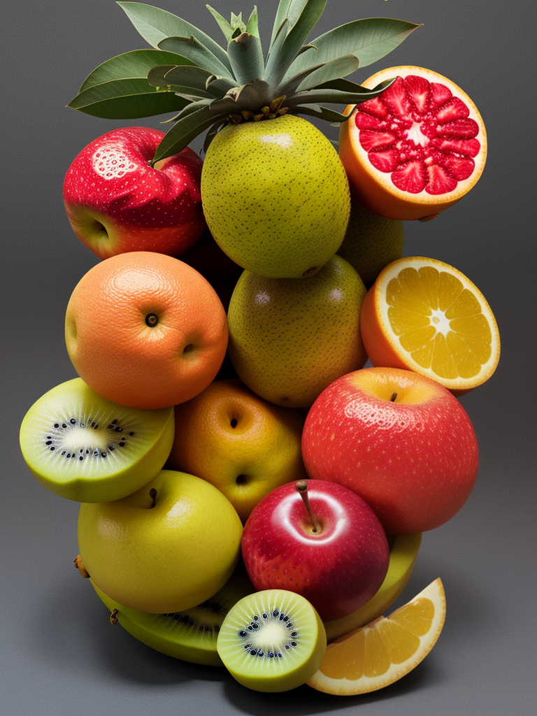A Colorful Tower of Fresh Fruits Including Apples, Oranges, and Kiwis
