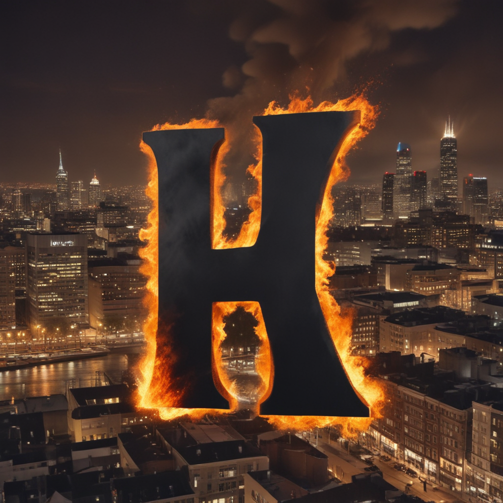 The letter K on fire with the city on fire in the background
