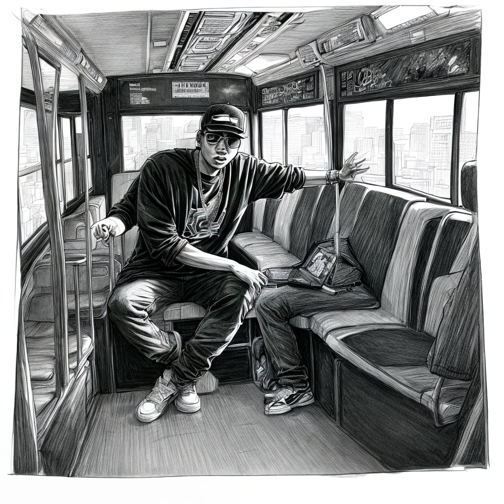 ASIAN HIP HOP RAPPER IS SINGING INSIDE THE BUS. COMIC BOOK. SKETCH ...