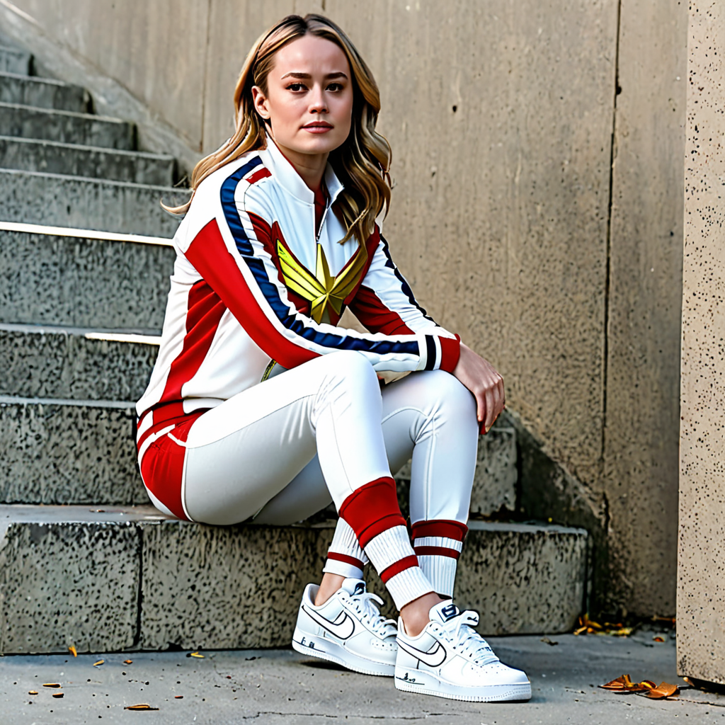 Brie Larson Carol Danvers sitting in her Captain Marvel Costume, White ...