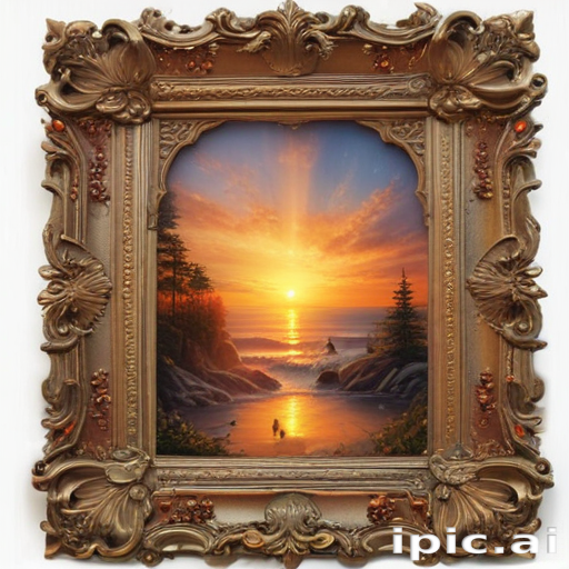 Serene Sunset Over Rocky Coastline Framed in Ornate Golden Frame