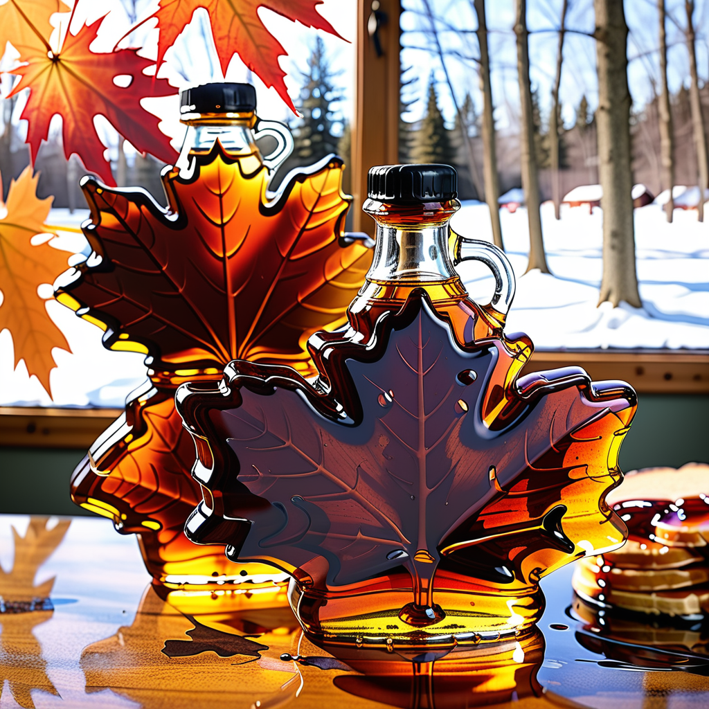 Captivating Autumn Scene Featuring Maple Syrup Bottle and Colorful Leaves