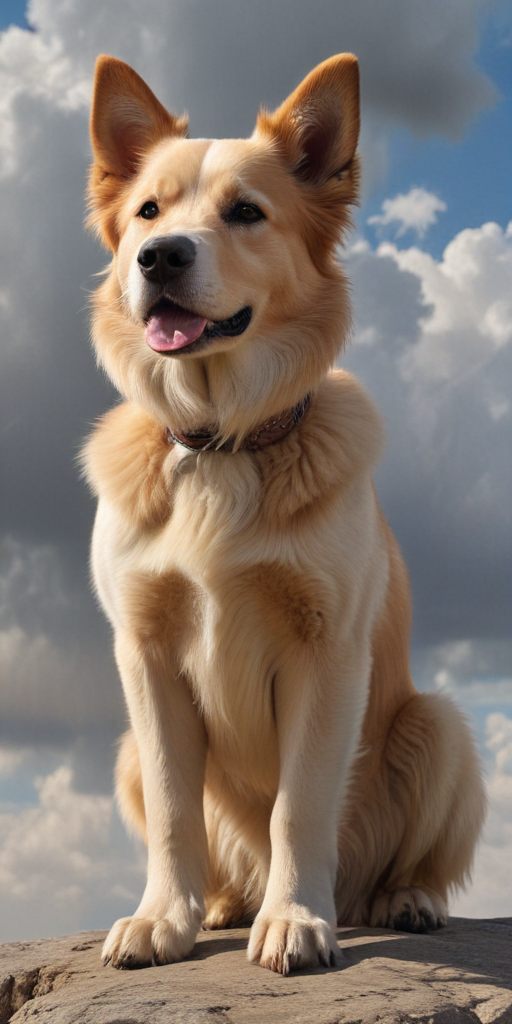 A Beautiful Dog Sitting Proudly Against a Scenic Cloudy Sky Background