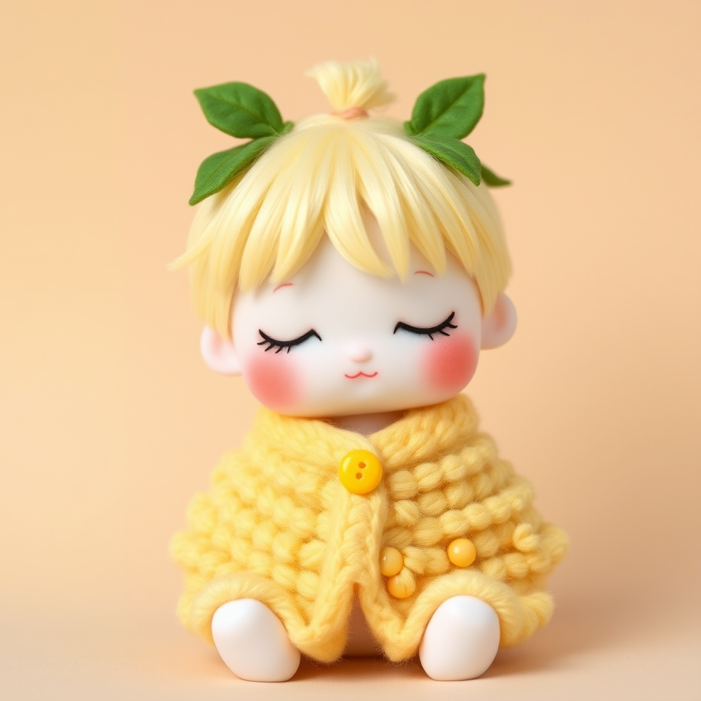 Adorable Handmade Doll with Yellow Knit Sweater and Leafy Hair Accessories