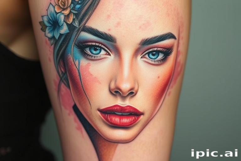Stunning Portrait Tattoo of a Woman with Vibrant Features and Flowers