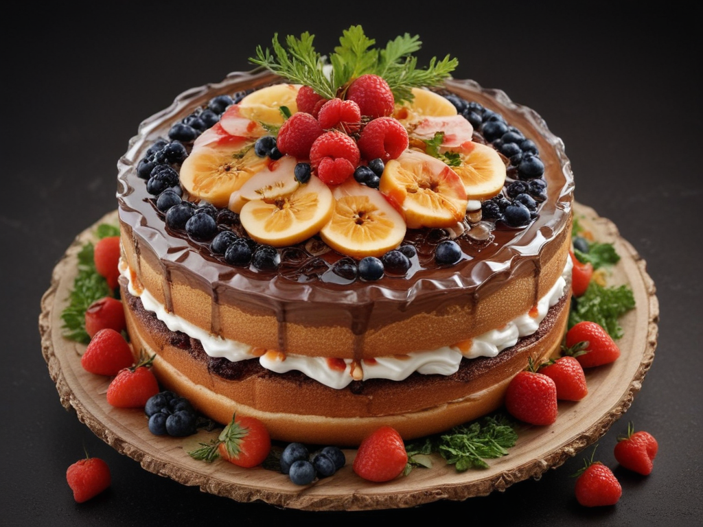 Deliciously Decorated Layered Cake with Fresh Fruits and Chocolate Ganache