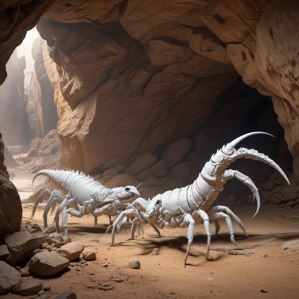 two, big, white scorpions, with tail, in stone cave, fantasy, concept art
