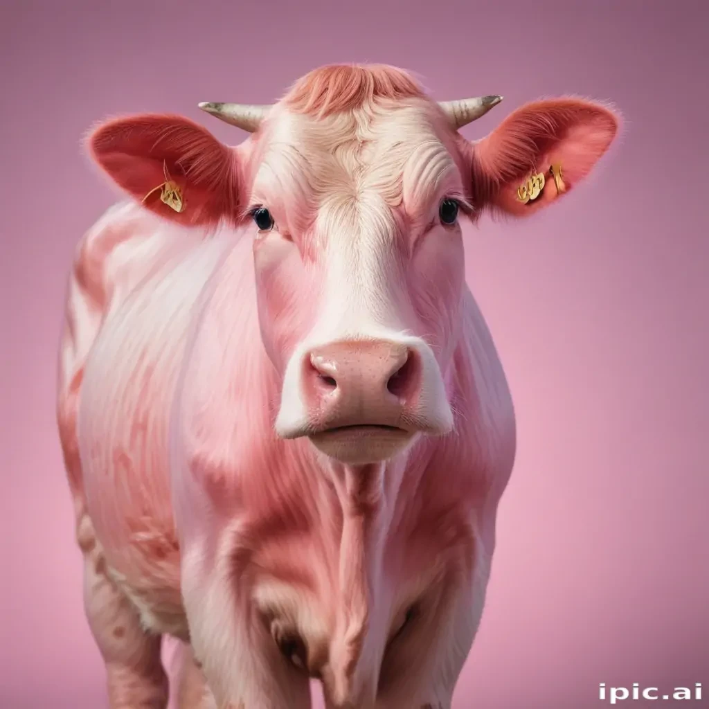A Playful Cow Posing Against a Soft Pink Background with Charm