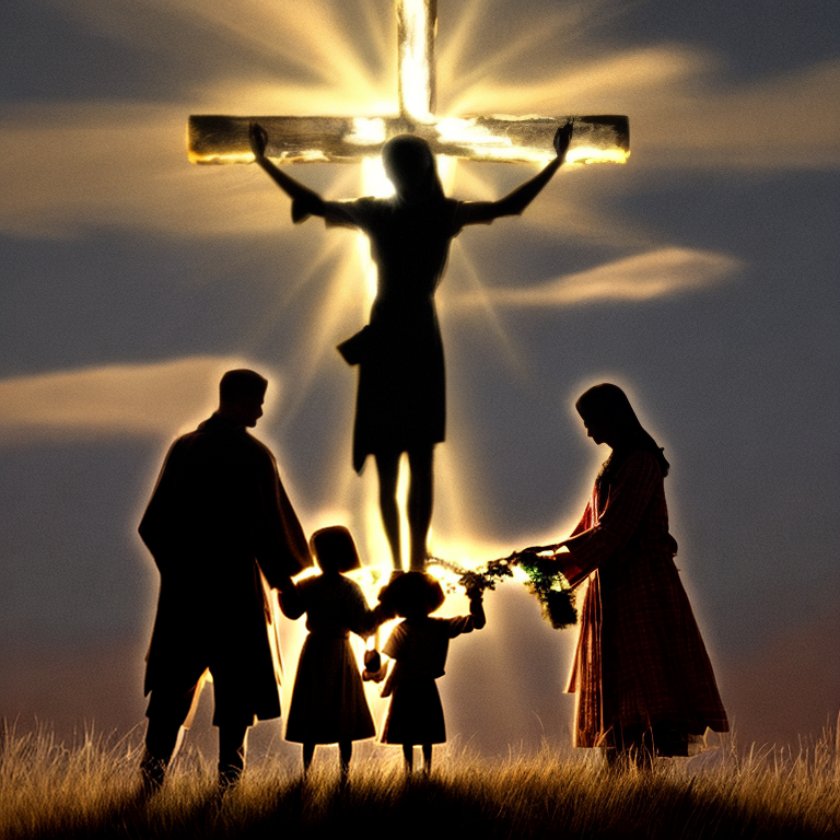family by the cross holding hands in god's light