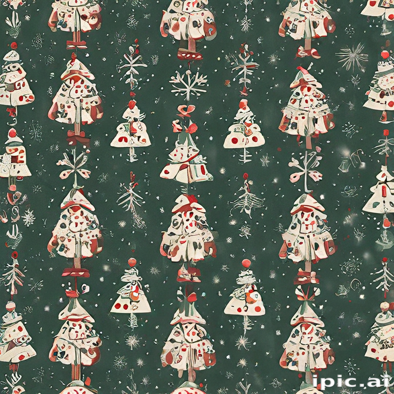 Whimsical Christmas Tree Pattern with Festive Decorations and Snowflakes
