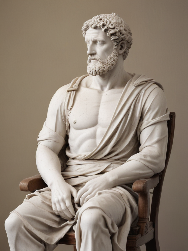 stoic statue sitting on chair and thinking